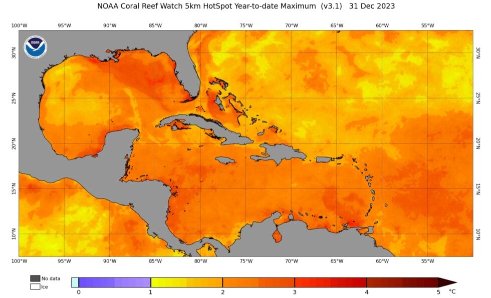 2023 record marine heat waves: Coral Bleaching HotSpot maps reveal ...